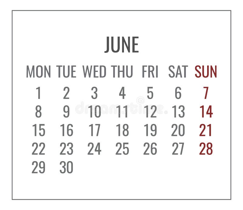 June Year 2020 Monthly White Calendar Stock Vector - Illustration of ...