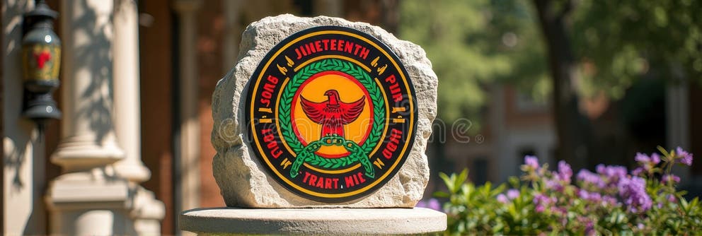 Juneteenth Emblem on Stone Memorial in Sunny Garden Setting Stock Photo ...