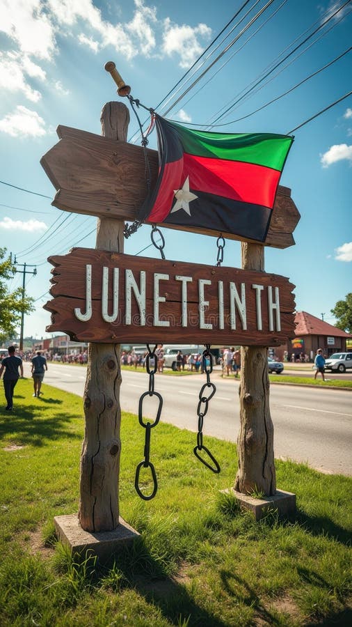 Juneteenth Sign with Chains and African Flag in Outdoor Celebration ...