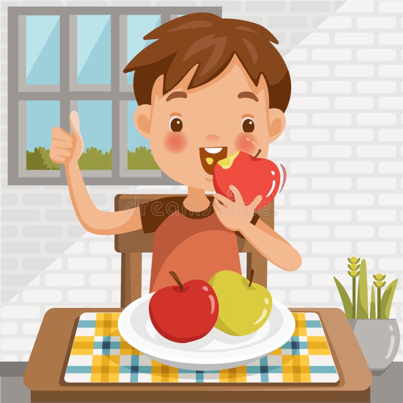 Junge, der Apfel isst stock abbildung. Illustration von glück - 126901512