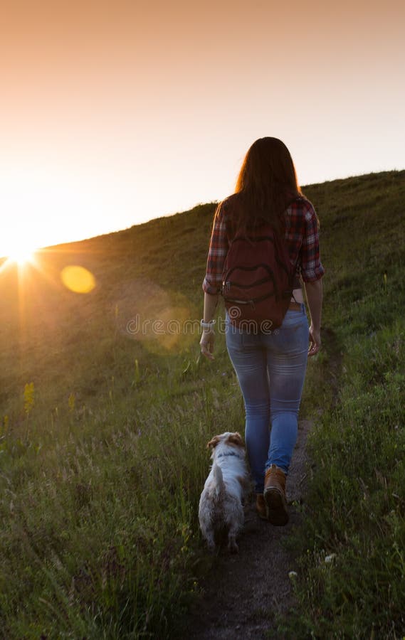 Junge Frau Mit Hund an Einem Sonnigen Tag, Der Im Hochgebirge Wandert ... Junge Frau Mit Hund an Einem Sonnigen Tag, Der Im Hochgebirge Wandert ...