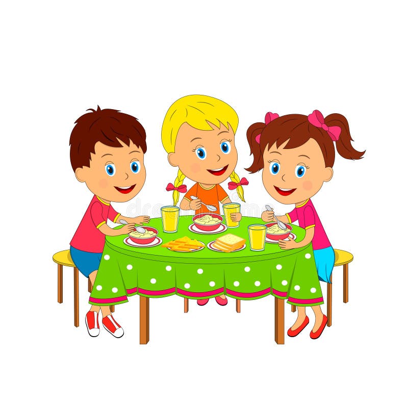Junge Und Mädchen Sitzen am Tisch Und am Essen Vektor Abbildung ...