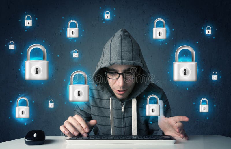 Junger Hacker Mit Virtuellen Schloss-Symbolen Und Icons Stockbild ...