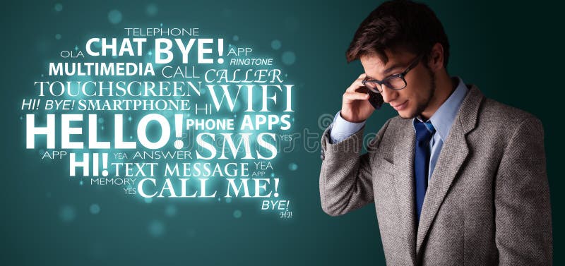 Junger Mann, Der Telefonanruf Mit Wortwolke Macht Stockfoto - Bild von ...