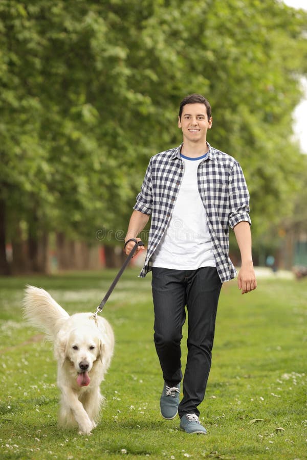 Junger Mann Mit Einem Hund, Der in Einen Park Geht Stockfoto - Bild von ...