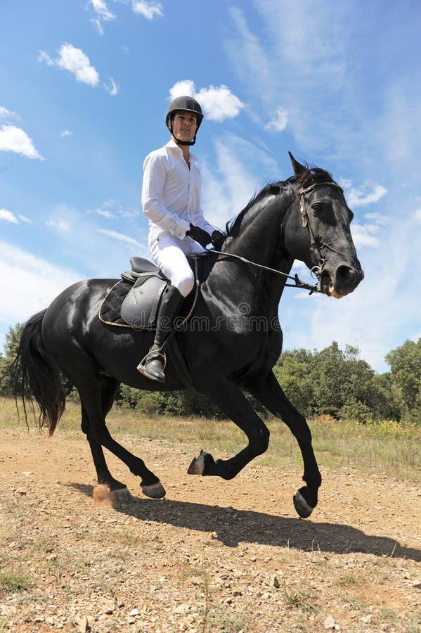 Junger Mann, Der Ein Pferd Bei Sonnenuntergang Auf Den Strand Reitet ...