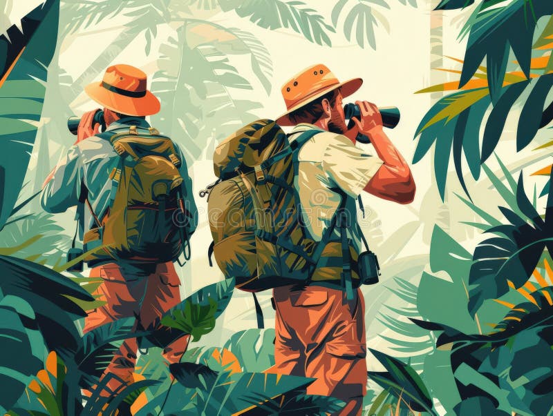 Jungle Adventure, Explorers with Binoculars, Flat Design Illustration ...