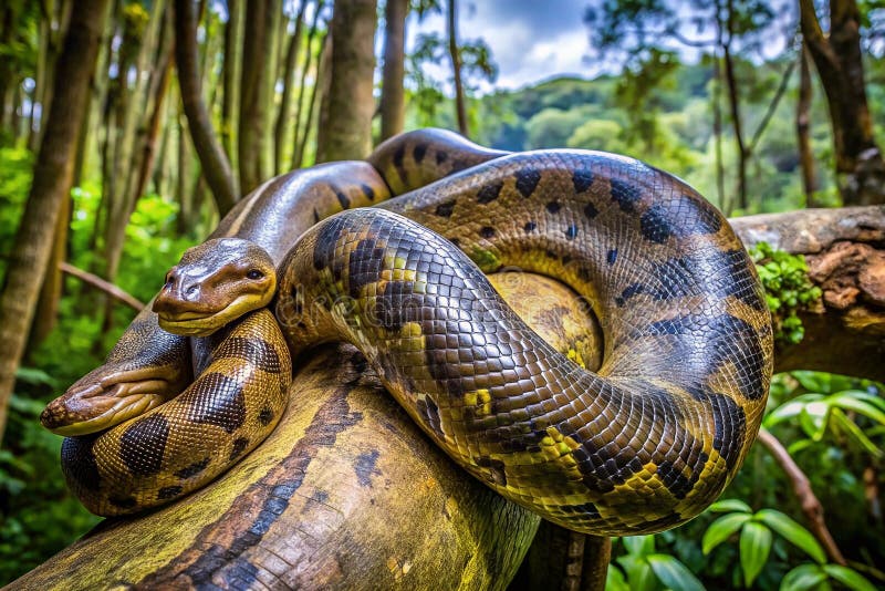 Jungle Anaconda Coiled on Branch, Lush Forest Backdrop Stock ...