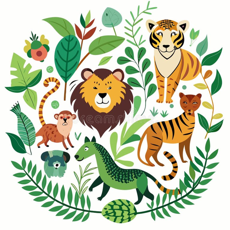 Jungle Animals in a Circular Floral Pattern Stock Photo - Image of ...