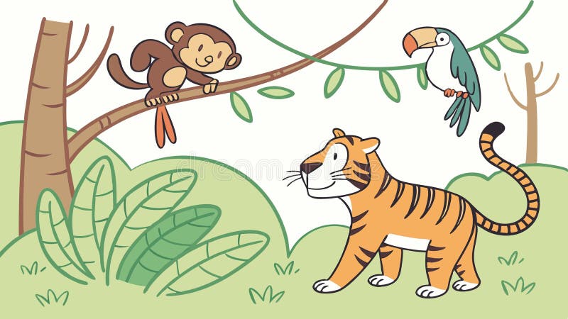 Jungle Animals on a Tree, Monkey, Tiger, Toucan, Rainforest Life ...