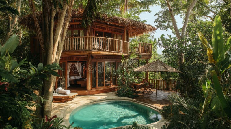 Jungle Cabin with Private Pool and Lush Greenery Stock Illustration ...