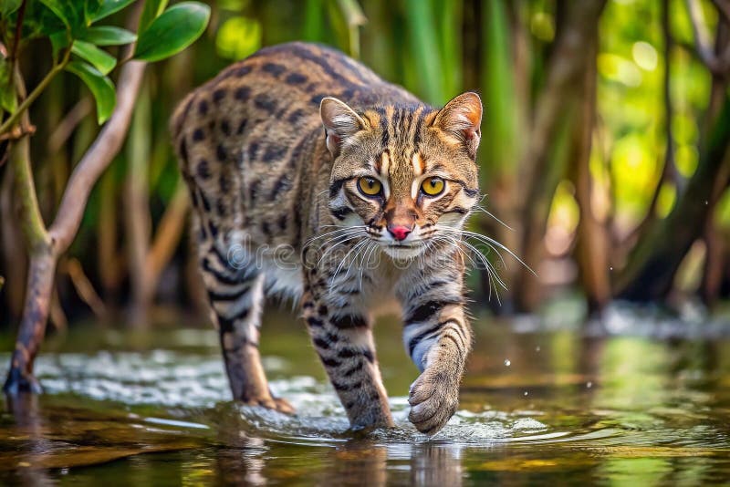 Jungle Cat Stalking Shallows, Lush Background Stock Illustration ...