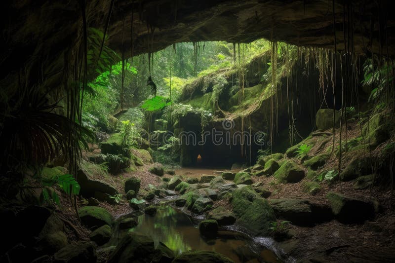 Jungle Cave, with Cascading Waterfall and Hidden Treasure Stock ...