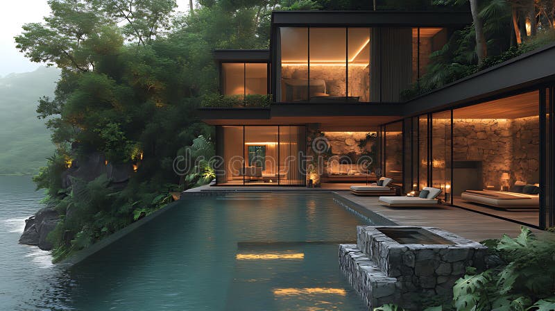 Jungle Cliffside Modern Home Night Pool Stock Illustration ...