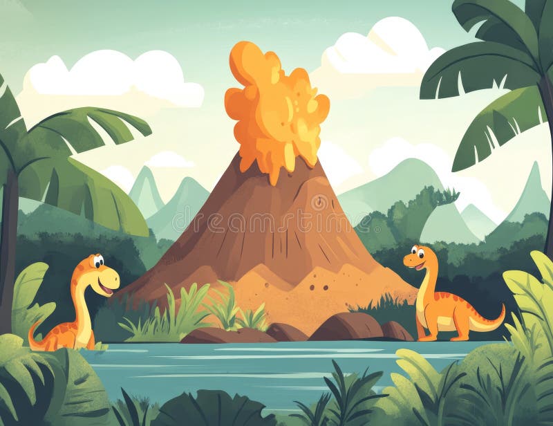 Jungle Dinosaurs with Volcanic Eruption Background Stock Photo - Image ...