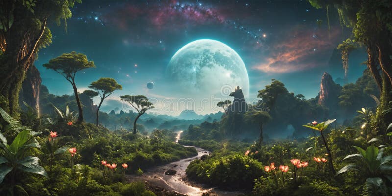 Jungle Exoplanet with a Big Moon. Alien World Stock Illustration ...