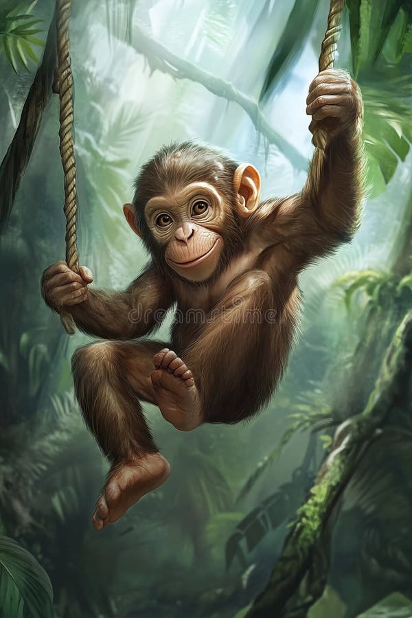 A Jungle Explorer Monkey Swinging on Vines Stock Illustration ...