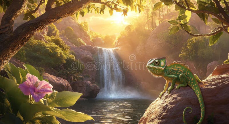 The Jungle is Filled with a Waterfall Cascade, Monkeys Swinging through ...