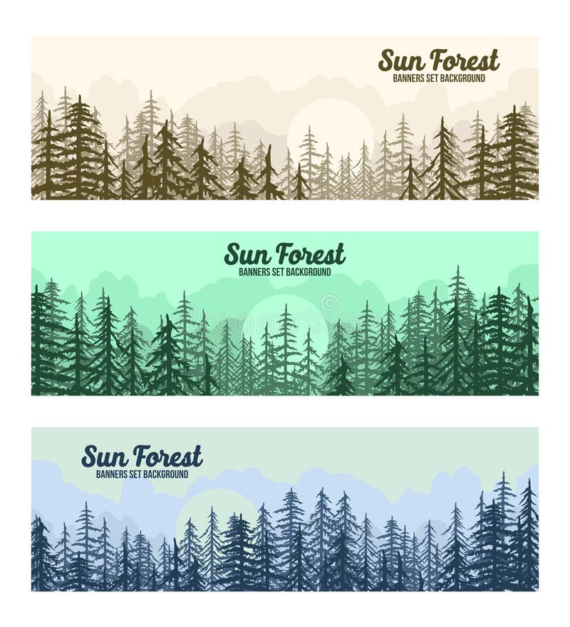 Jungle Flat Design Pine Forest Banners Set with Sunrise Sunset Pine ...