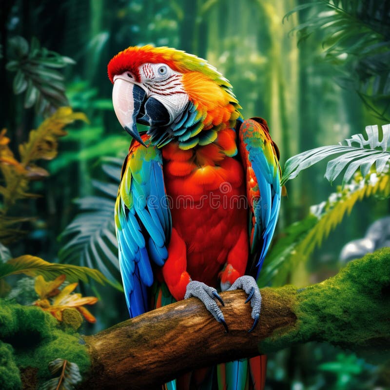 Jungle Gem - a Vibrant-colored Macaw Perched on a Moss-covered Tree in ...