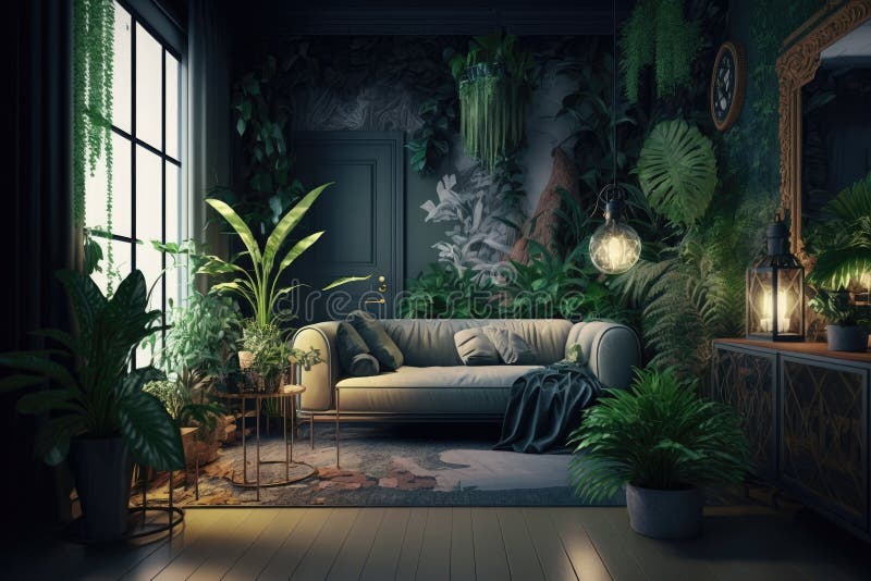 Jungle Interior Design Room with Decorative Tropical Plants Stock ...