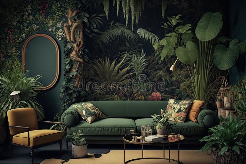 Jungle Interior Design Room with Decorative Tropical Plants Stock ...