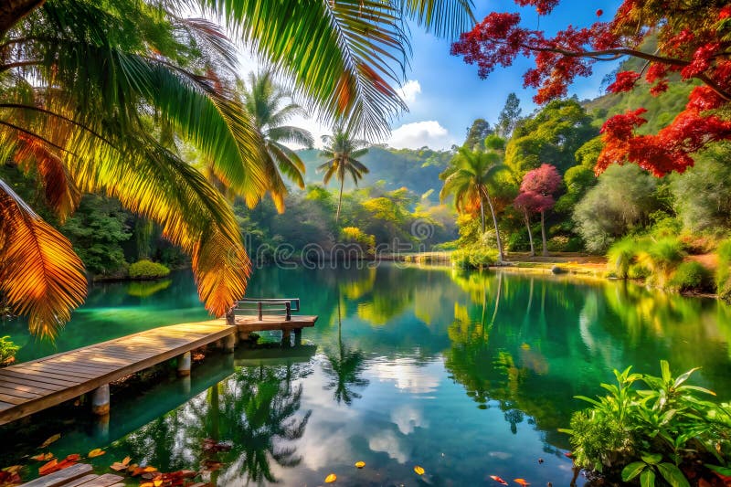 Jungle Lake in Spring with Motion Reflections Stock Illustration ...