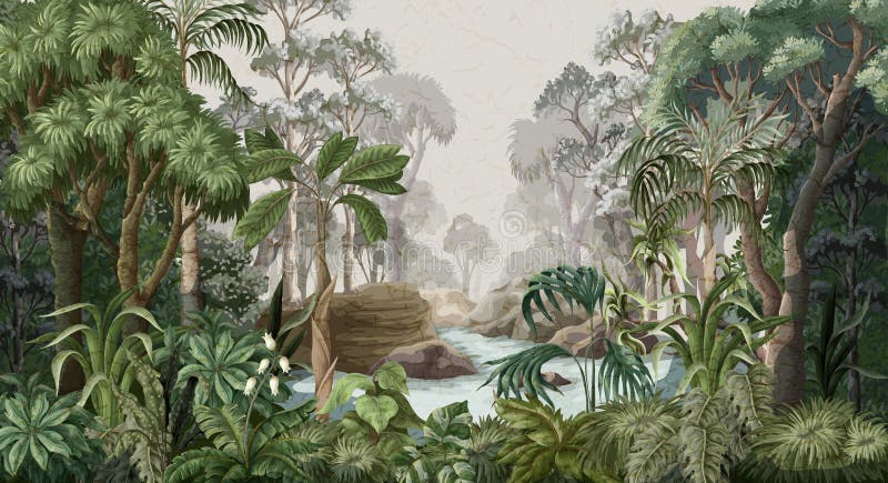 Jungle Landscape with Trees and Plants. Vector Interior Print Stock ...