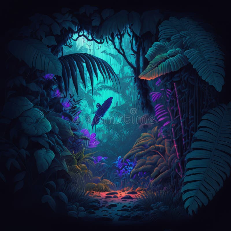 A Jungle Oasis with a Neon-lit Waterfall and Hidden Caves. Stock ...