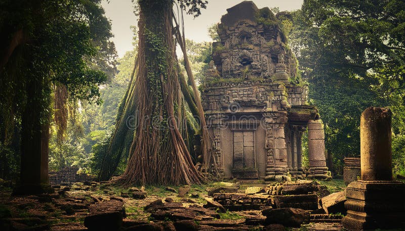 Jungle Overtakes Ruined Temple, with Large Tree Roots Enveloping it ...