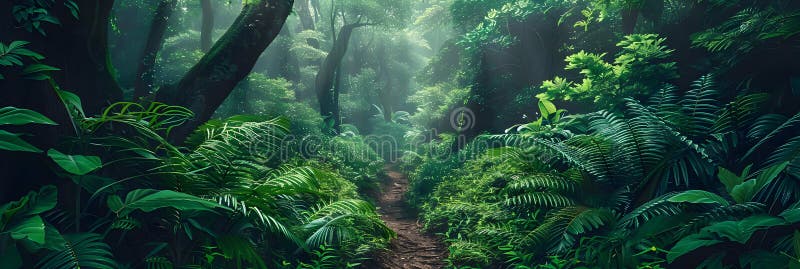 Jungle Path with Lush Greenery and Sunlight - Realistic Image Stock ...