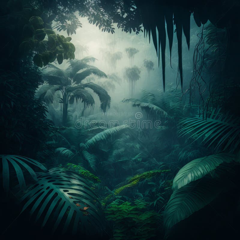 A Jungle Path Obscured by Fog, with Twisted Roots and Vines Blocking ...
