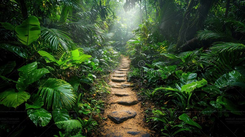 Stone Pathway Leading through Dense Tropical Rainforest Jungle with ...