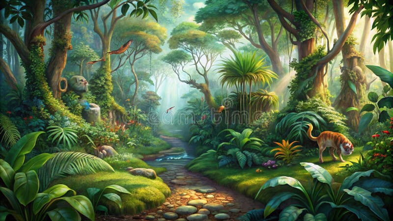 Jungle Path with Tiger and Stream in Lush Foliage Stock Illustration ...