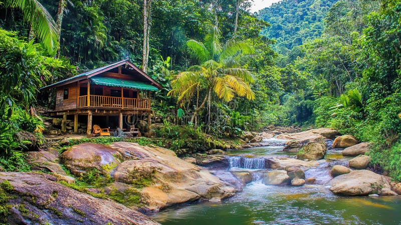 Jungle River Cabin, Tranquil Escape, Rainforest Backdrop Stock Image ...