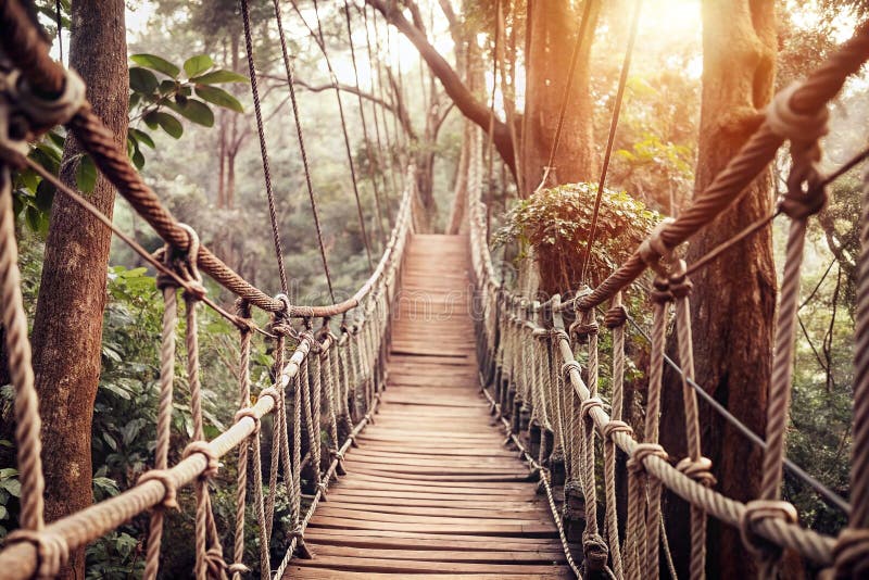 Jungle Rope Bridge Walkway at Sunrise Stock Illustration - Illustration ...
