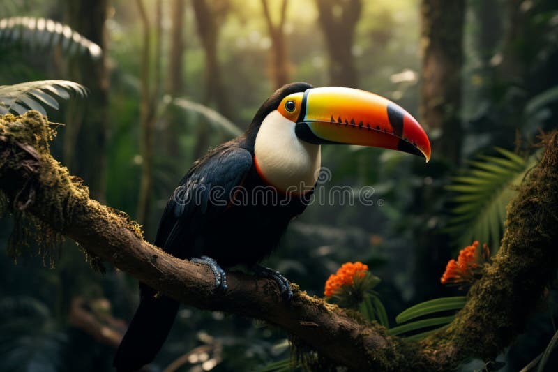 Jungle Scene with Toco Toucan Sitting on a Vibrant Branch Stock ...