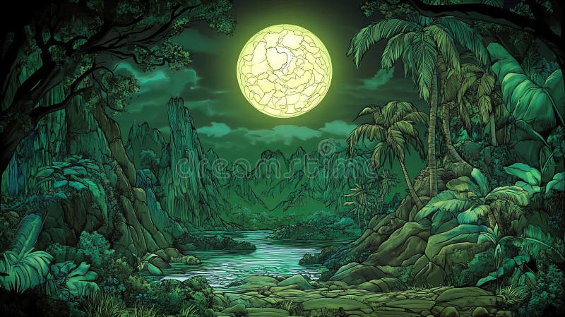 Jungle Scene with Yellow Moon in the Background Painted in Bright ...