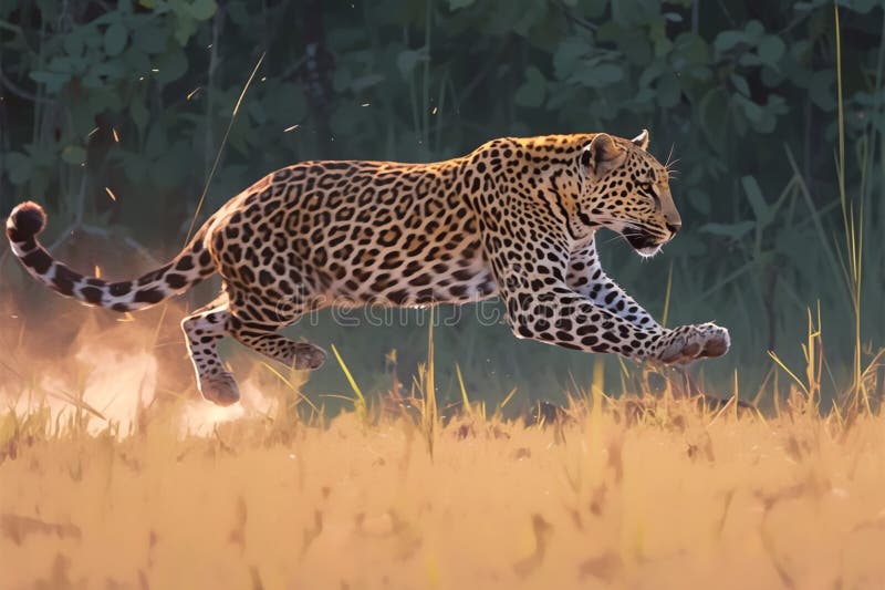 Jungle Sprint Action Shot of a Leopard Running in the Forest Stock ...