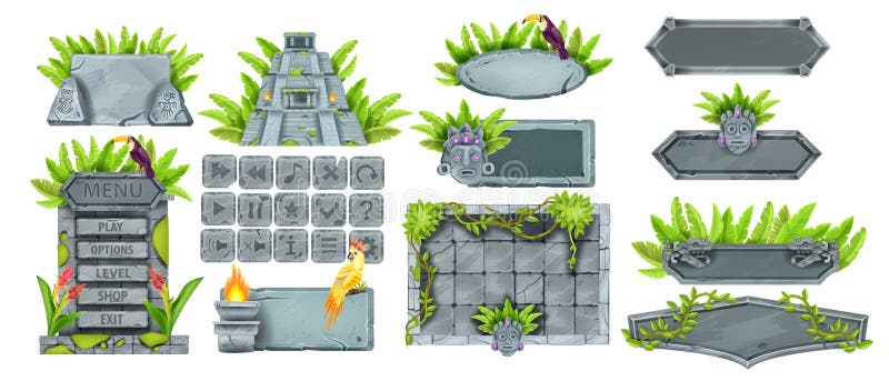 Jungle Stone Game UI Set, Rock Vector Buttons, Gray Cracked Boulder ...