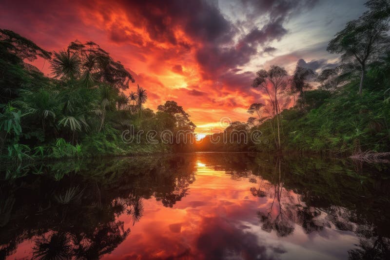 Jungle Sunset with Fiery Sky and Clouds Against Tranquil Waters Stock ...