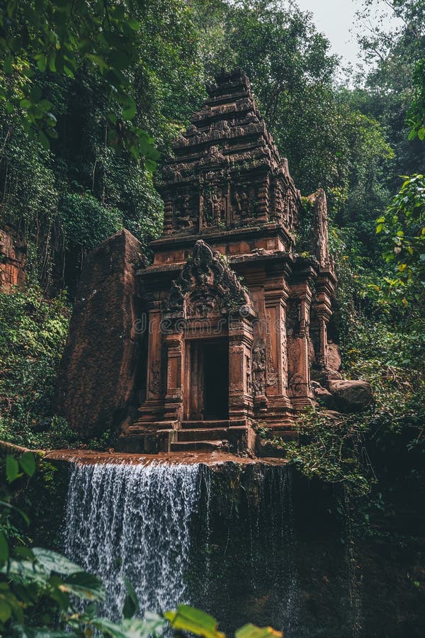 A Jungle Temple Hidden Behind a Waterfall Surrounded by Dense ...