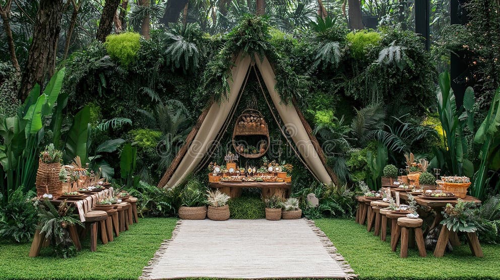 Jungle-themed Party Setup, Garden Backdrop, Buffet, Event Stock Image ...