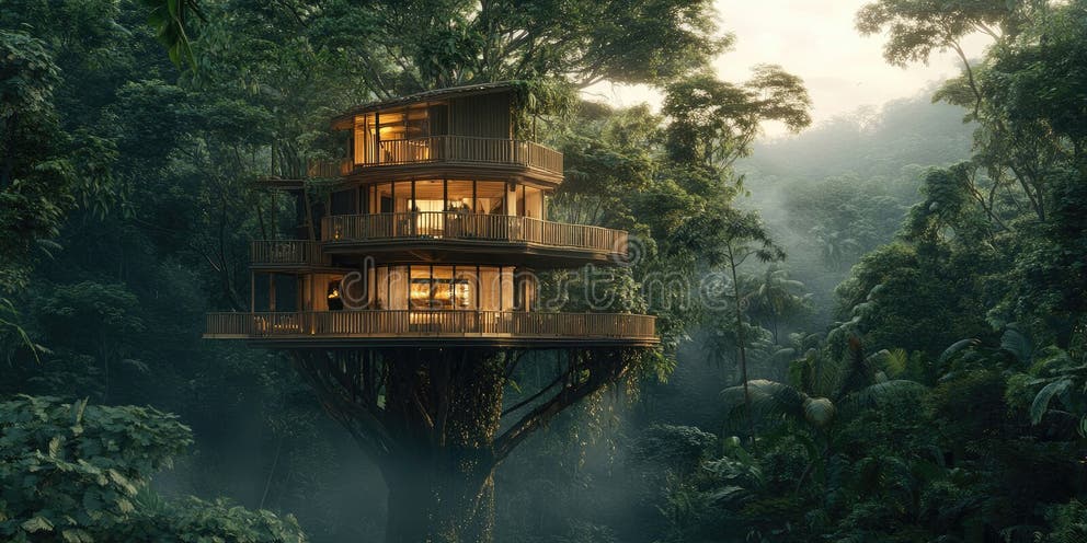 Jungle Treehouse Night Lights Stock Illustration - Illustration of ...