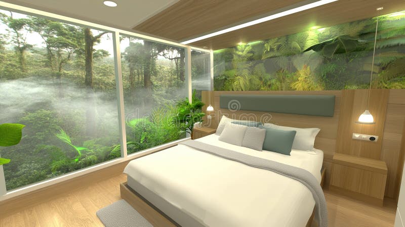 Jungle View Bedroom Design, Rainforest Backdrop, Eco-hotel Room Stock ...