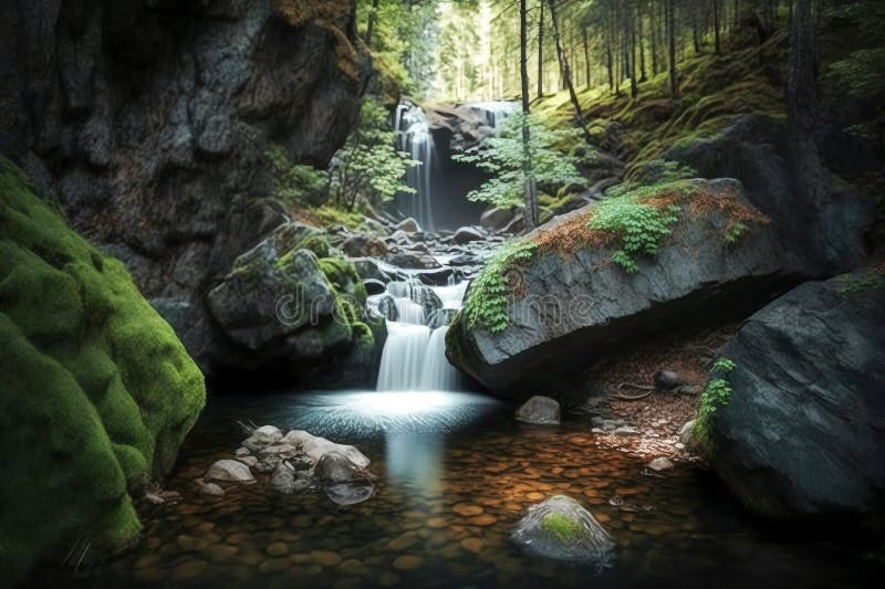 Jungle Waterfall Cascade in Tropical Rainforest. Waterfall in the Forest. Drawing Waterfall ...