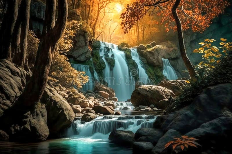 Jungle Waterfall Cascade in Tropical Rainforest. Waterfall in the ...