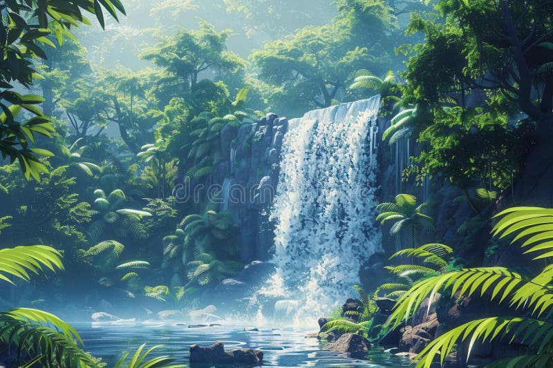 Jungle Waterfall Flat Design Front View Tropical Rainforest Theme Pixel ...