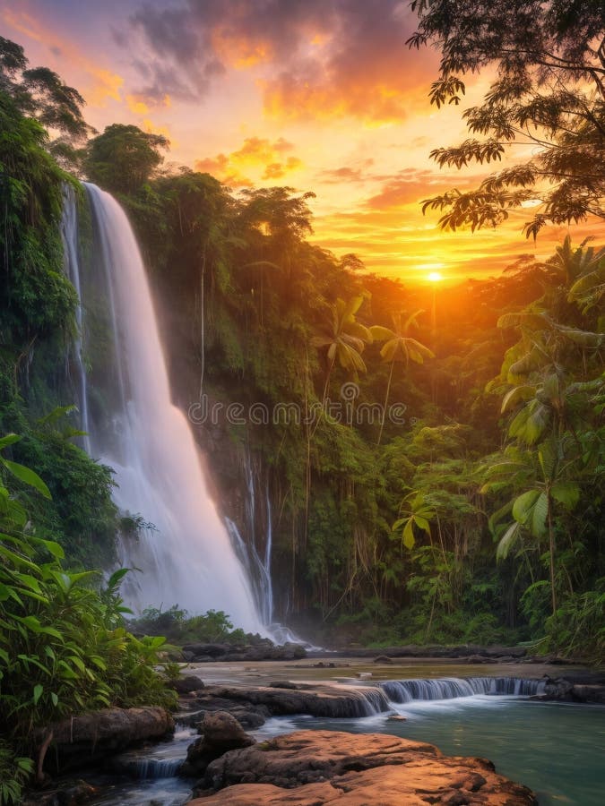 Jungle Waterfall Sunset