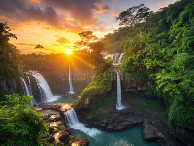 Jungle with Waterfall and Sunset Rays in the Background. Stock ...